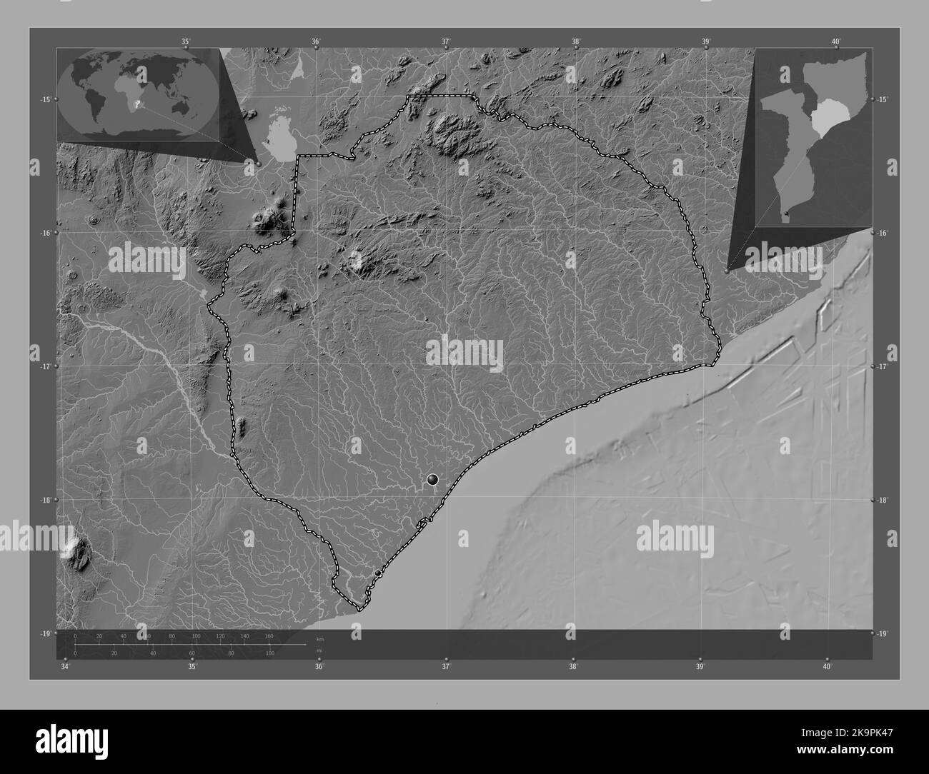 Zambezia, province of Mozambique. Bilevel elevation map with lakes and ...