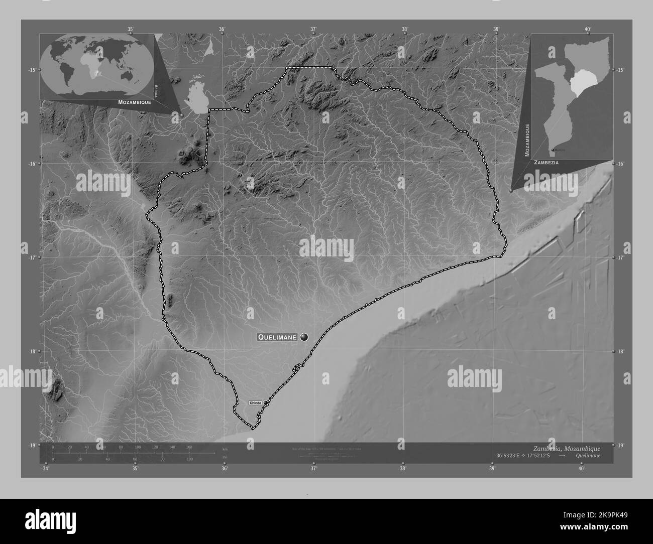 Zambezia, province of Mozambique. Grayscale elevation map with lakes ...