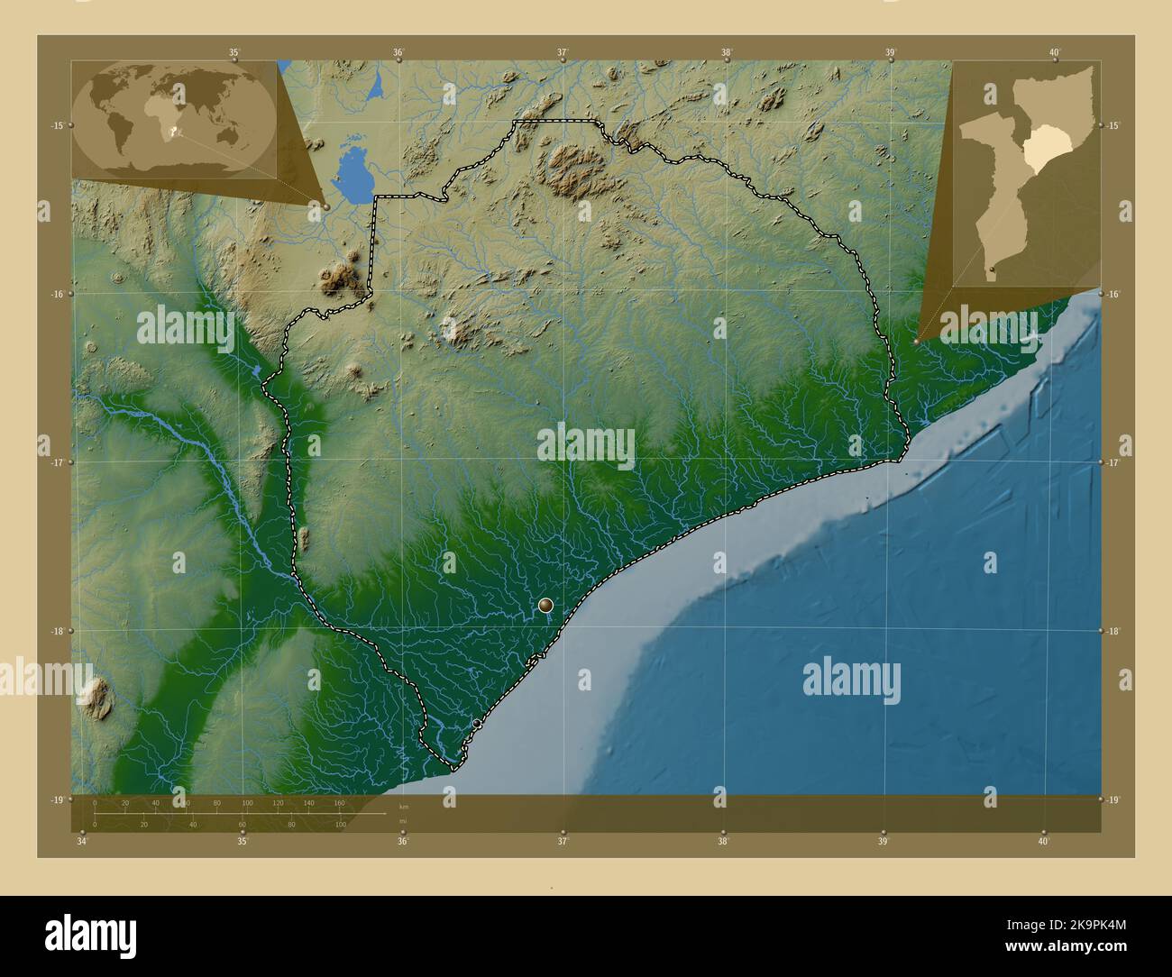 Zambezia, province of Mozambique. Colored elevation map with lakes and ...