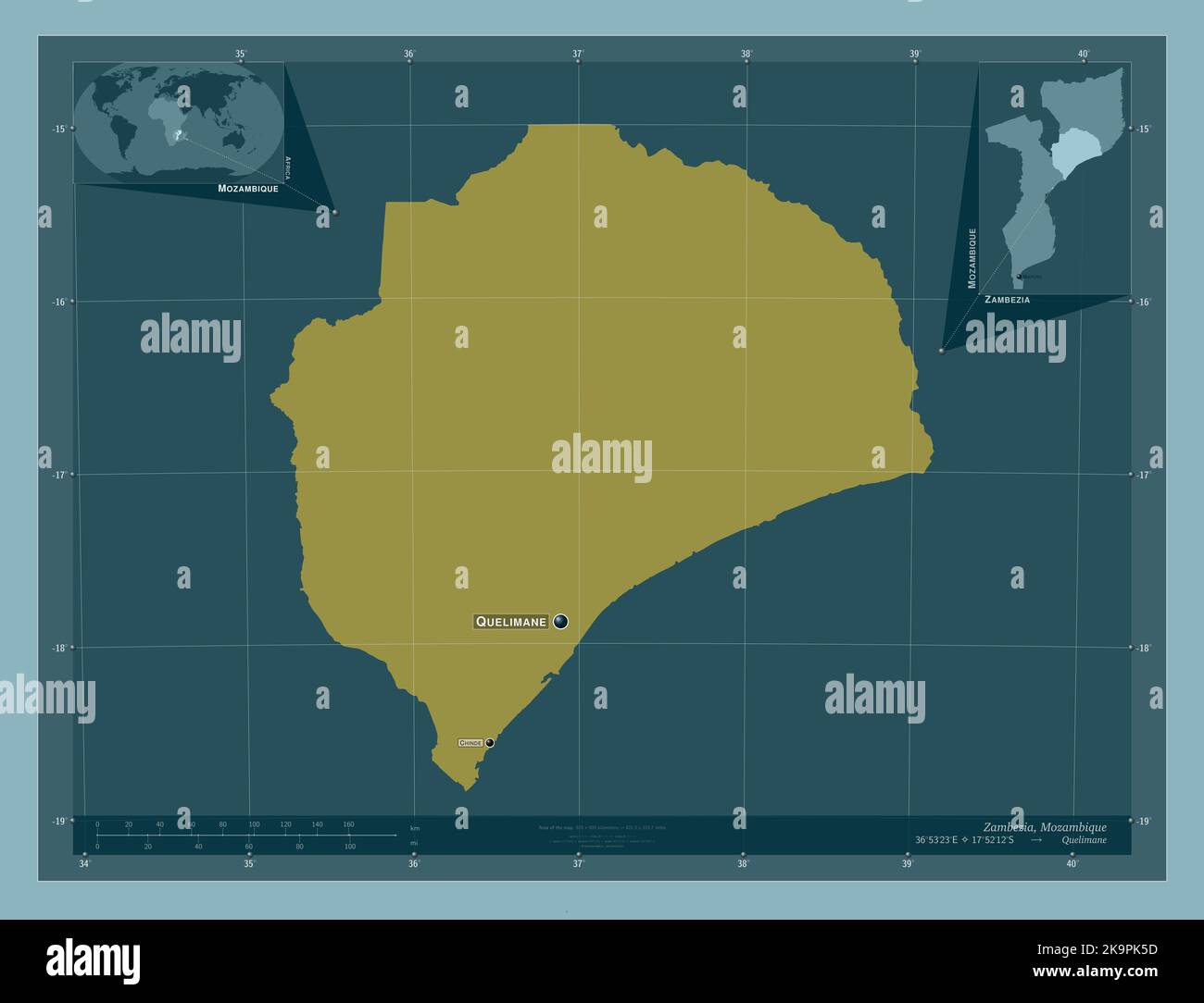 Zambezia, province of Mozambique. Solid color shape. Locations and ...