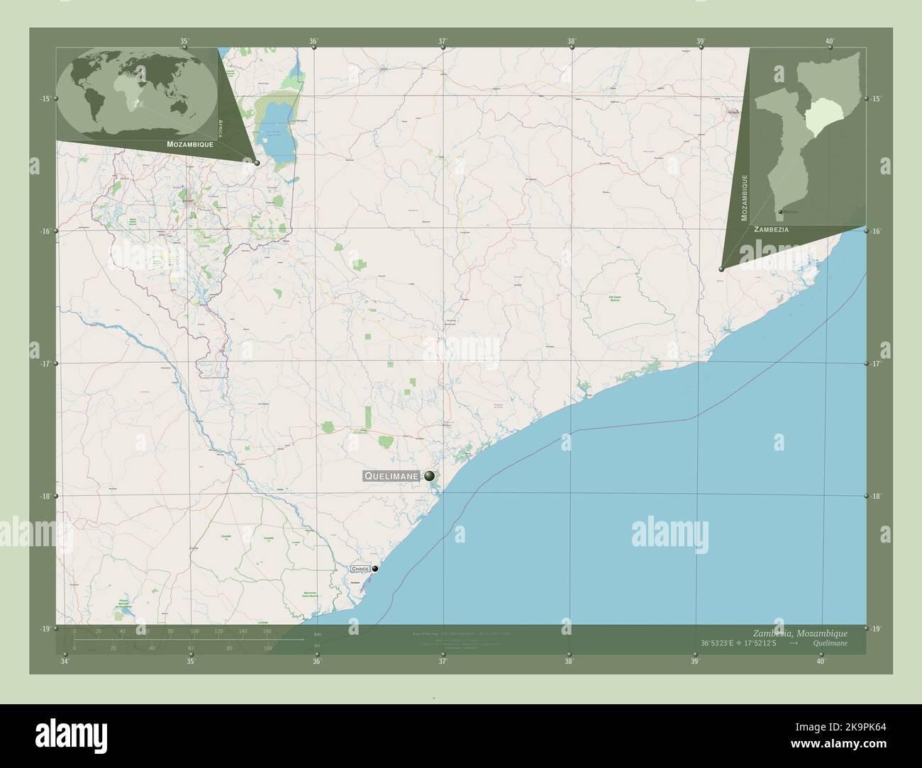 Zambezia, province of Mozambique. Open Street Map. Locations and names ...