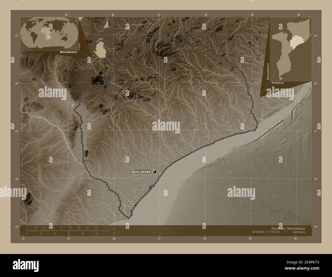 Zambezia, province of Mozambique. Elevation map colored in sepia tones ...