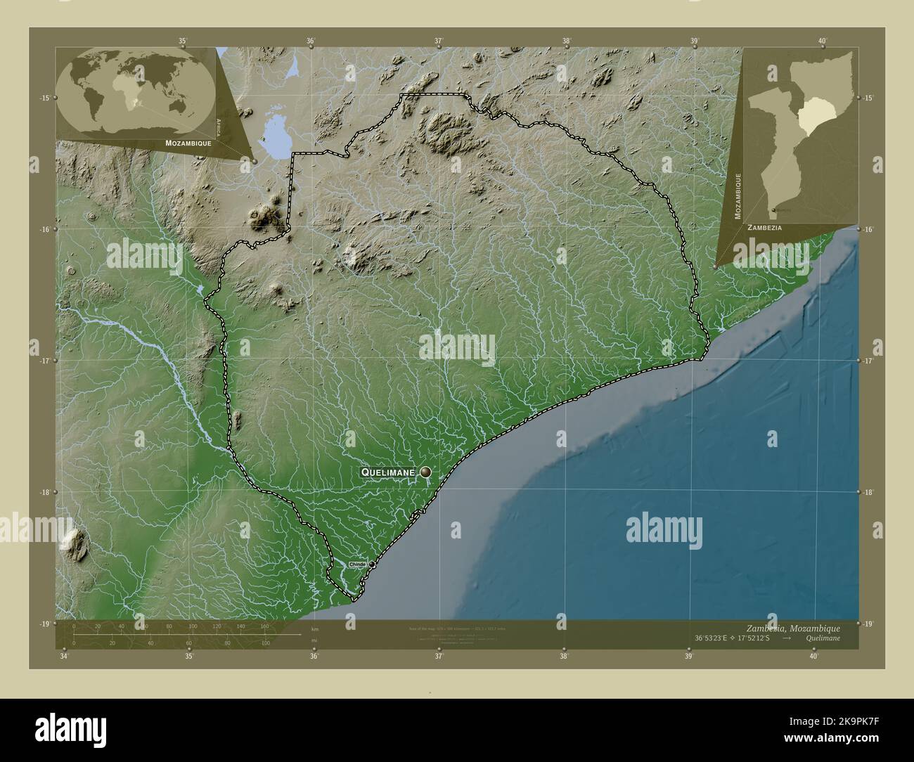 Zambezia, province of Mozambique. Elevation map colored in wiki style ...