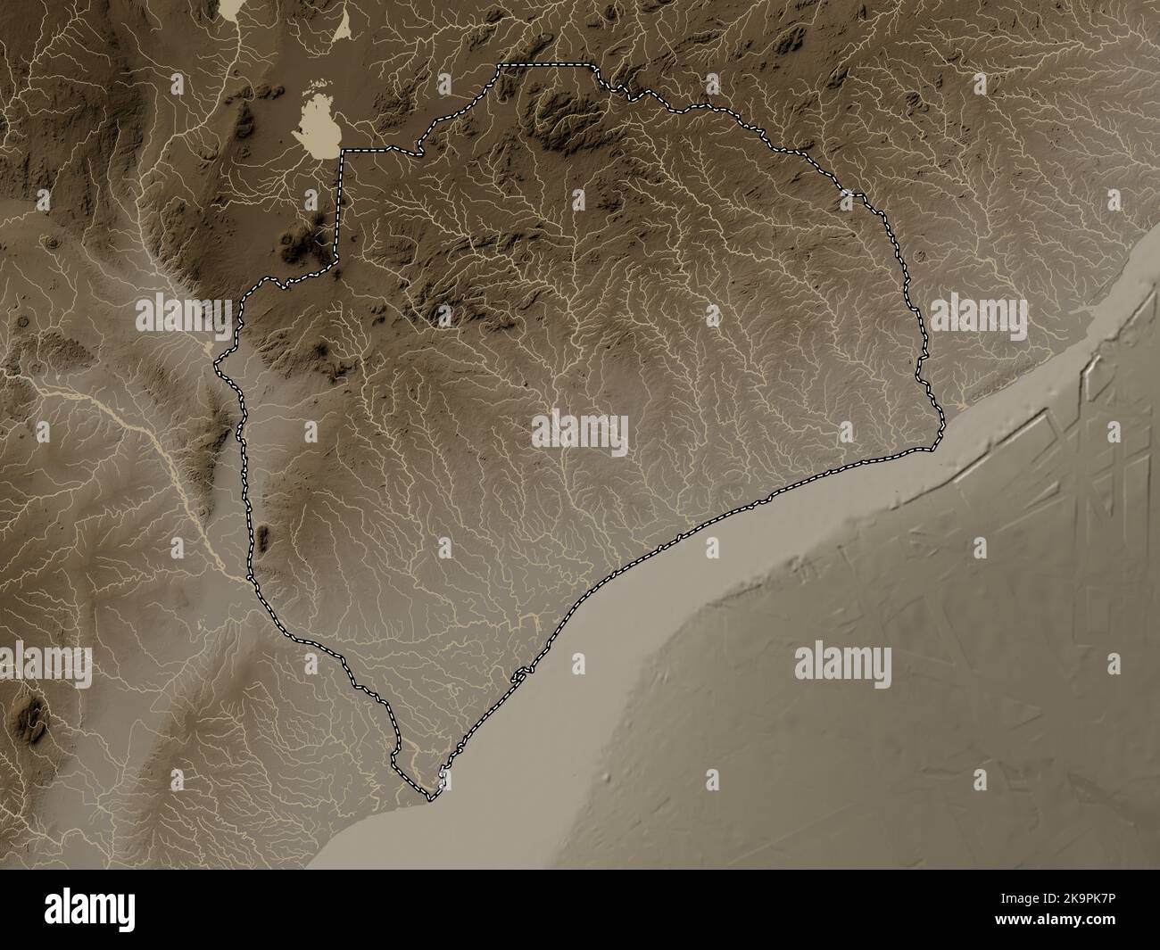 Zambezia, province of Mozambique. Elevation map colored in sepia tones ...