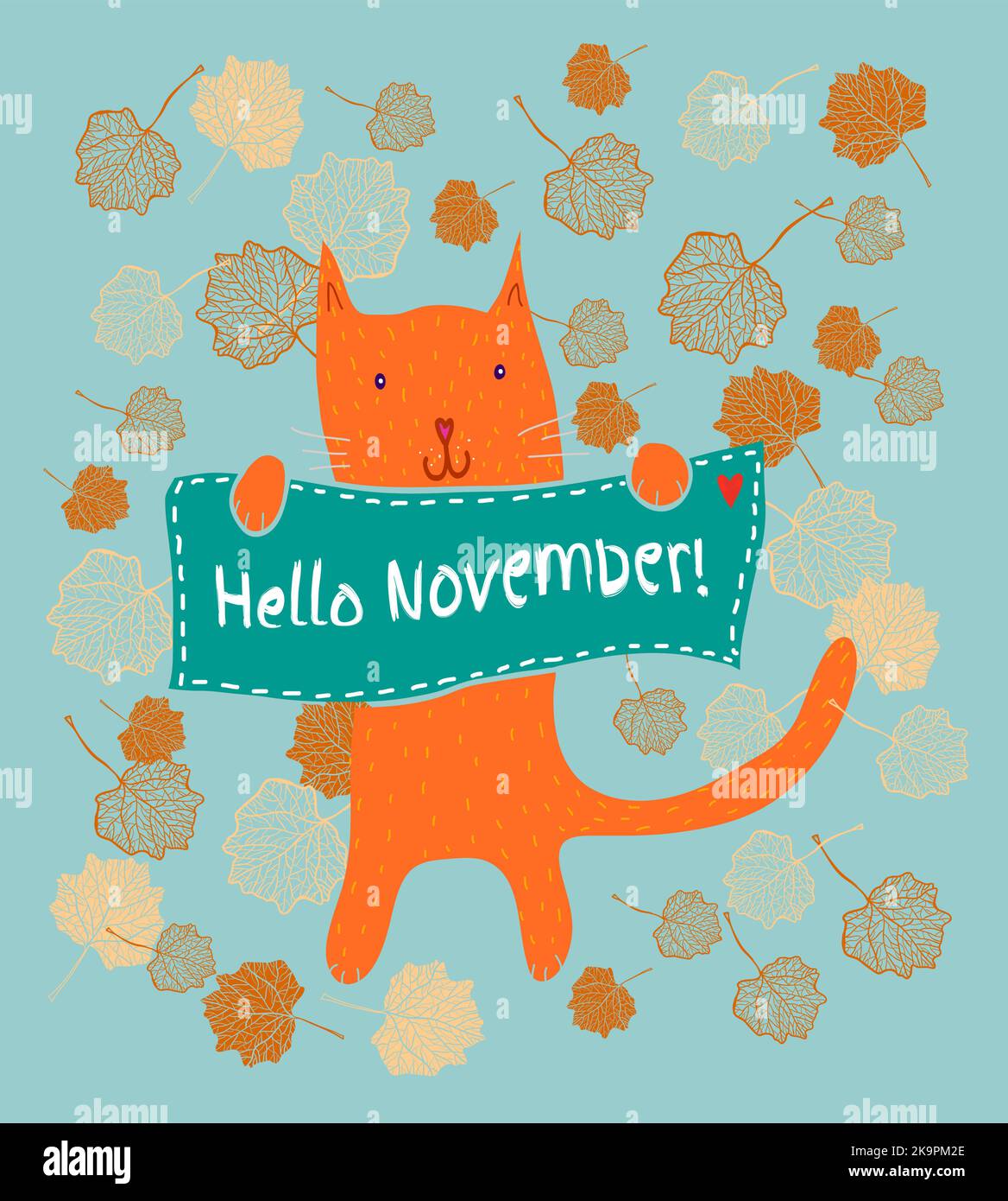 Cartoon cat with Hello November banner. Autumn leaves background ...