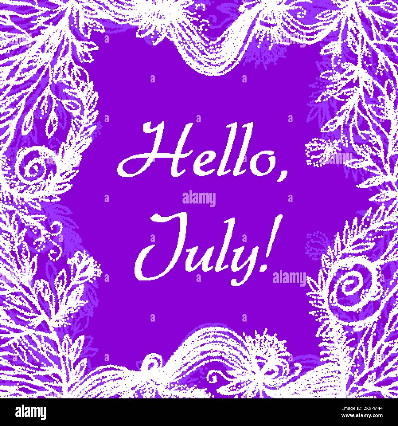 Hello July lettering on colorful background with herbal doodle ...