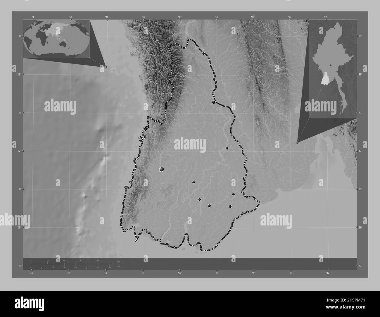 Ayeyarwady, division of Myanmar. Grayscale elevation map with lakes and ...