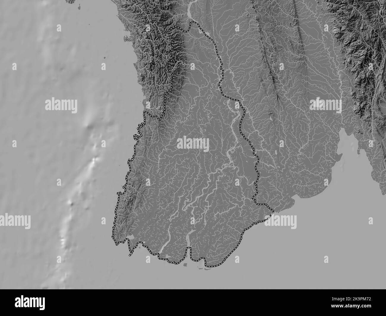 Ayeyarwady, division of Myanmar. Bilevel elevation map with lakes and ...