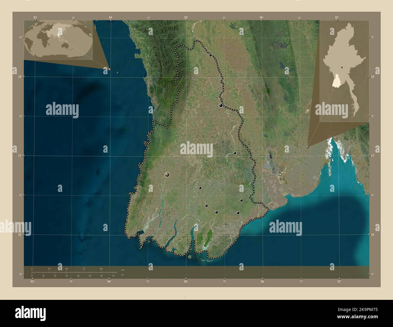 Ayeyarwady, division of Myanmar. High resolution satellite map. Locations of major cities of the ...