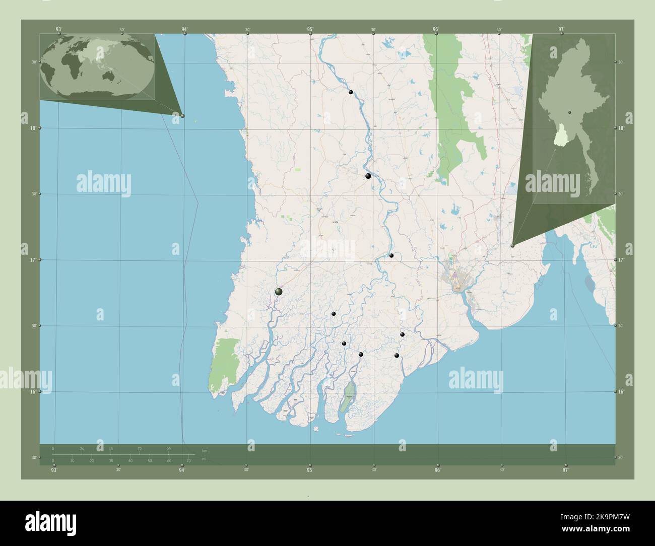Ayeyarwady, division of Myanmar. Open Street Map. Locations of major ...