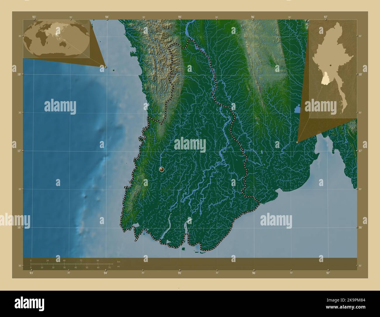 Ayeyarwady, division of Myanmar. Colored elevation map with lakes and ...