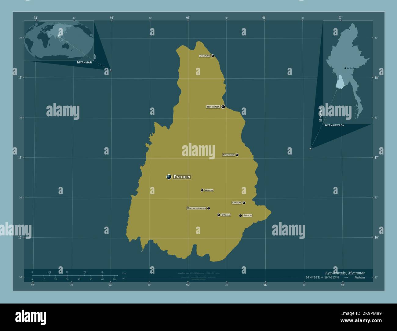 Ayeyarwady, division of Myanmar. Solid color shape. Locations and names ...