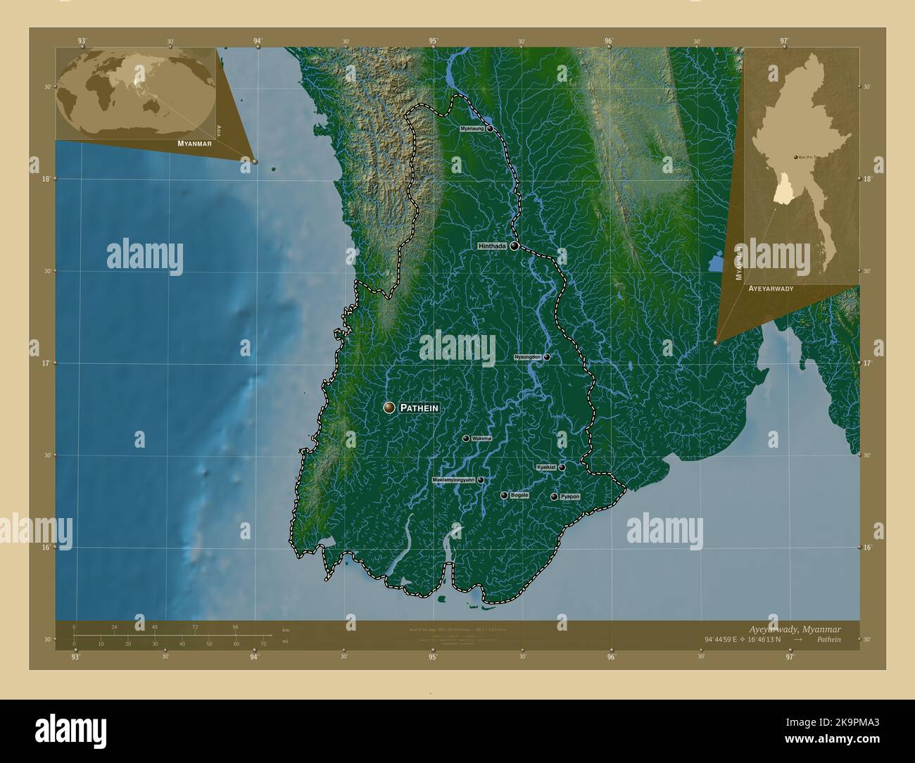 Ayeyarwady, division of Myanmar. Colored elevation map with lakes and ...