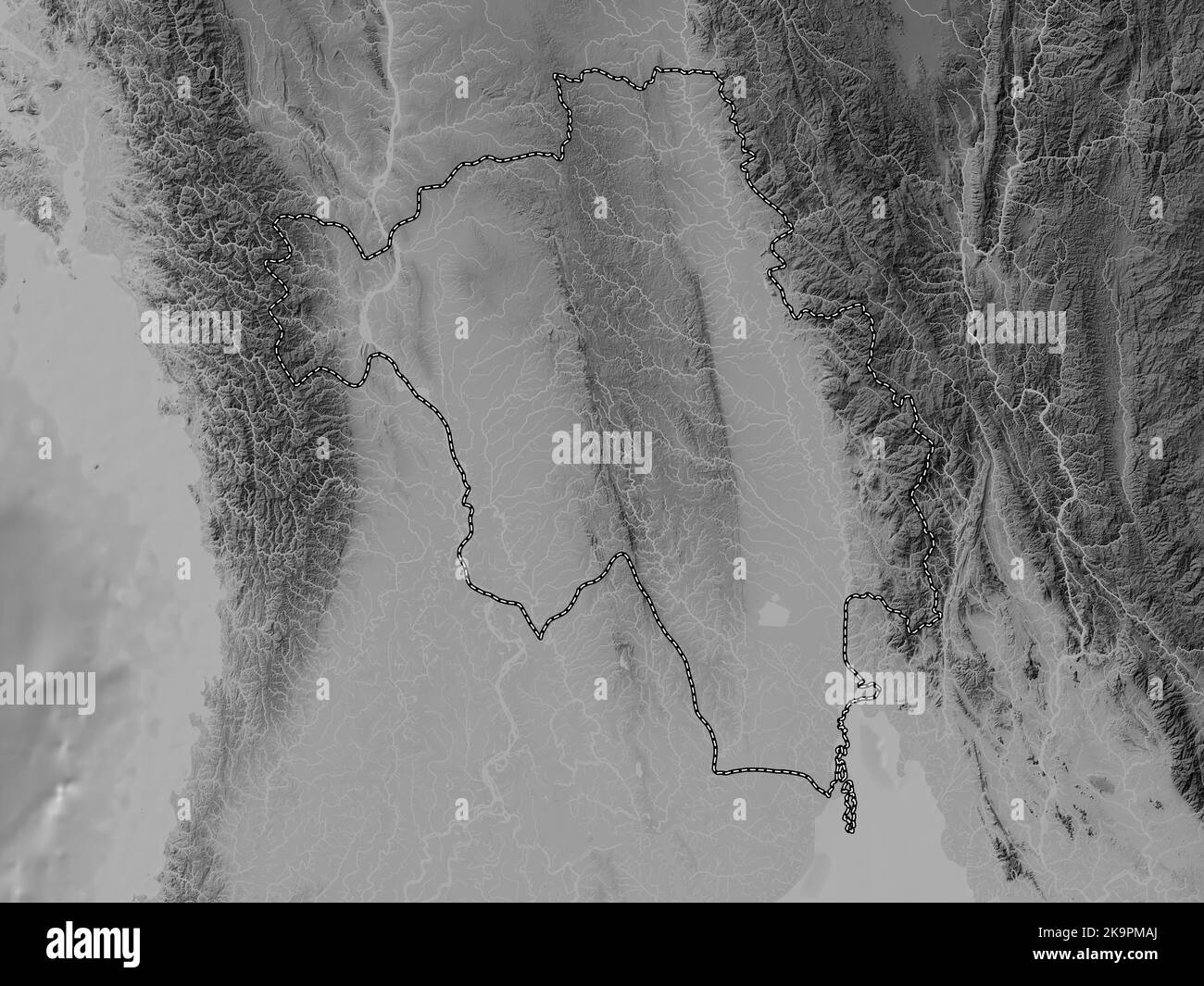 Bago, division of Myanmar. Grayscale elevation map with lakes and ...