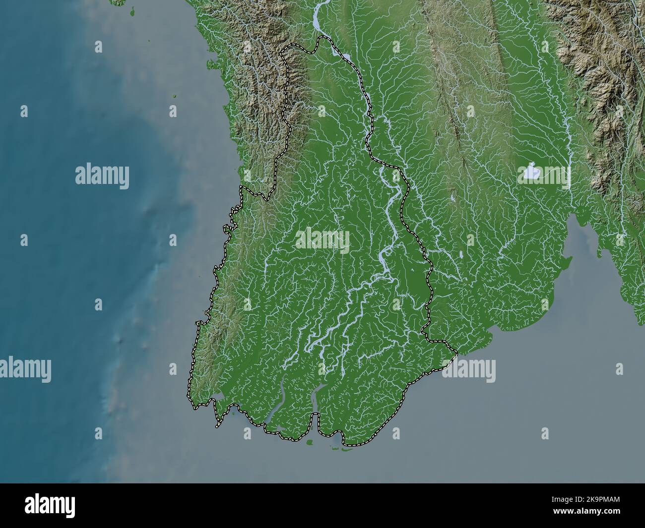 Ayeyarwady, division of Myanmar. Elevation map colored in wiki style ...