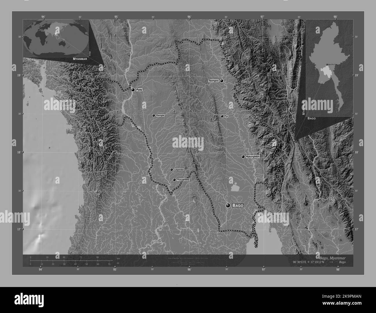 Bago, division of Myanmar. Bilevel elevation map with lakes and rivers ...