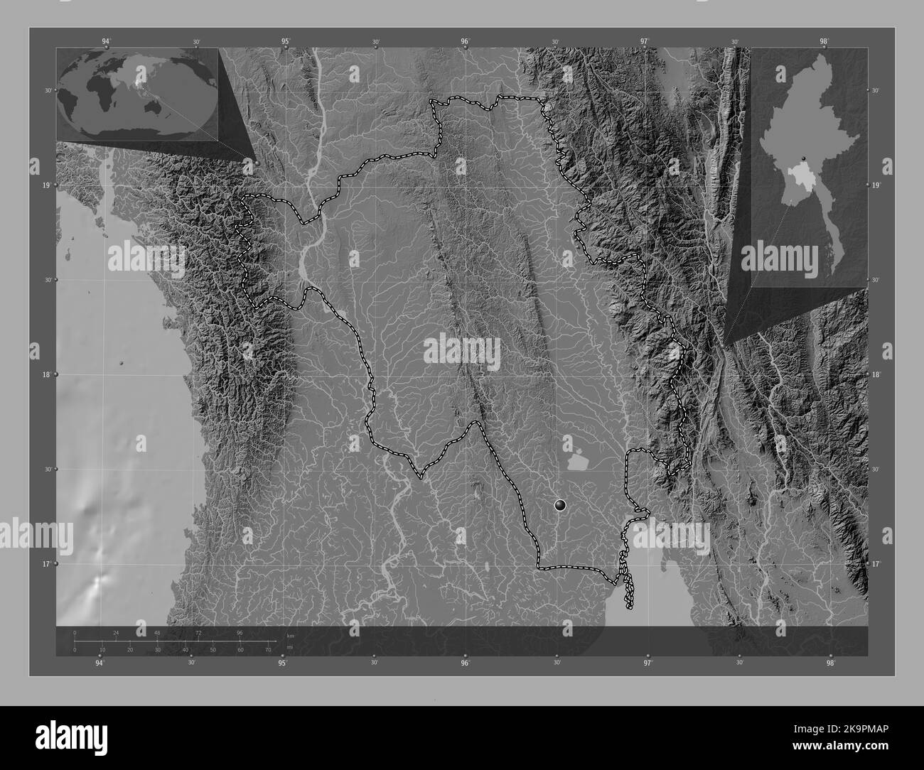 Bago, division of Myanmar. Bilevel elevation map with lakes and rivers ...