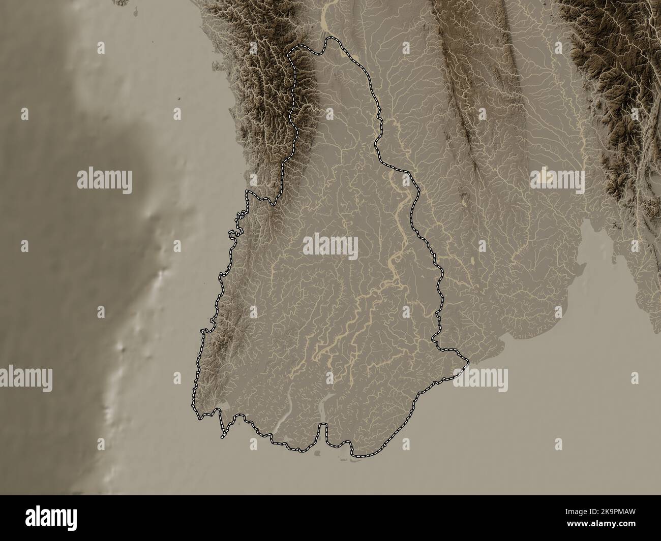Ayeyarwady, division of Myanmar. Elevation map colored in sepia tones ...