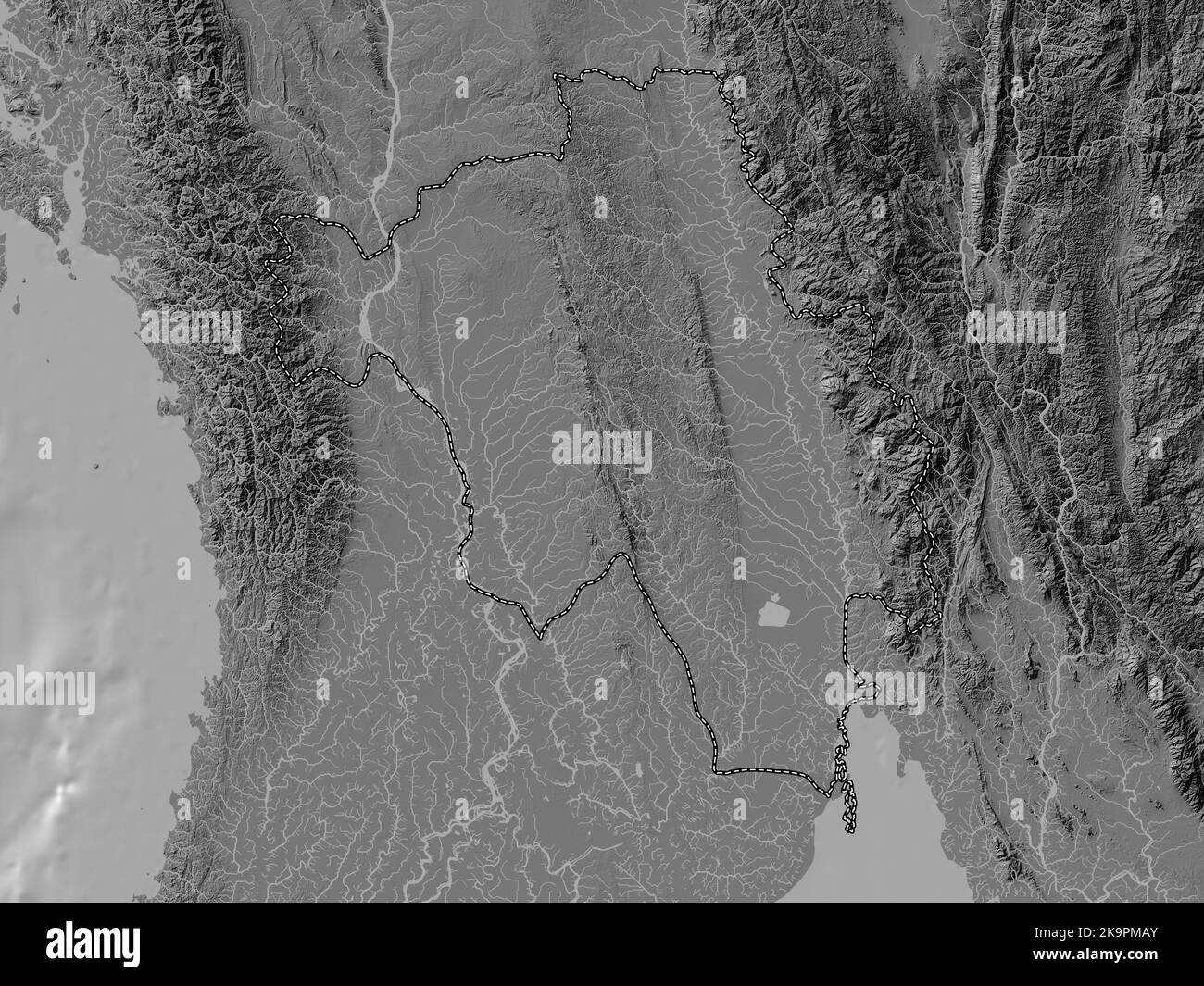 Bago, division of Myanmar. Bilevel elevation map with lakes and rivers ...