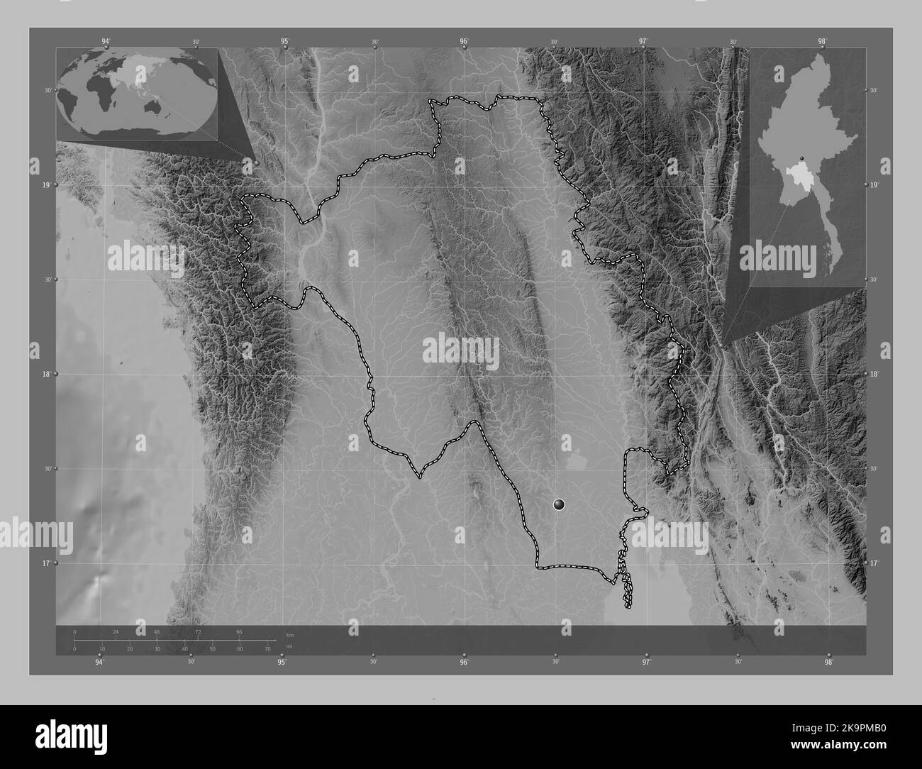 Bago, division of Myanmar. Grayscale elevation map with lakes and ...