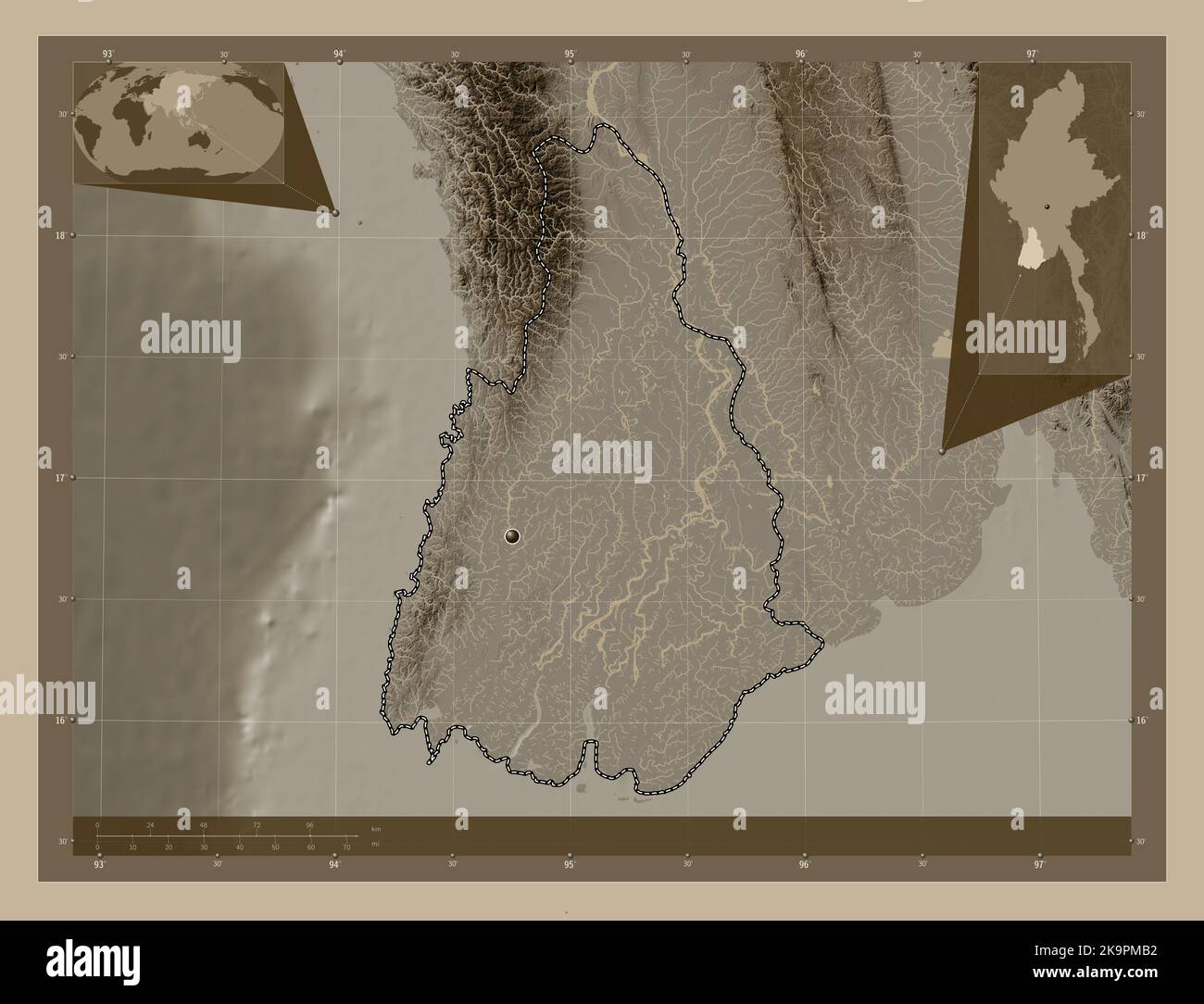 Ayeyarwady, division of Myanmar. Elevation map colored in sepia tones ...