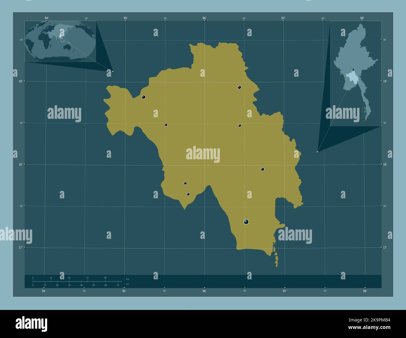 Bago, division of Myanmar. Solid color shape. Locations of major cities ...