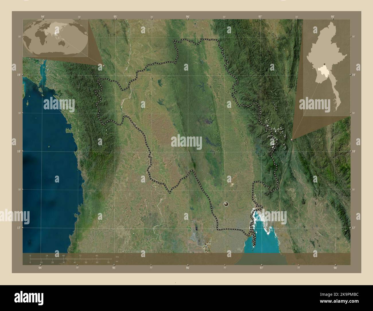 Bago, division of Myanmar. High resolution satellite map. Corner ...