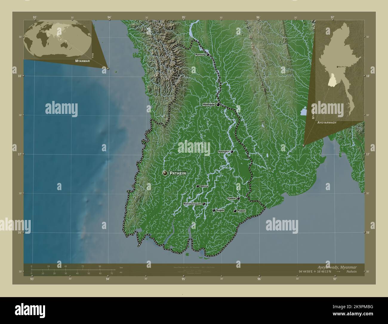 Ayeyarwady, division of Myanmar. Elevation map colored in wiki style ...