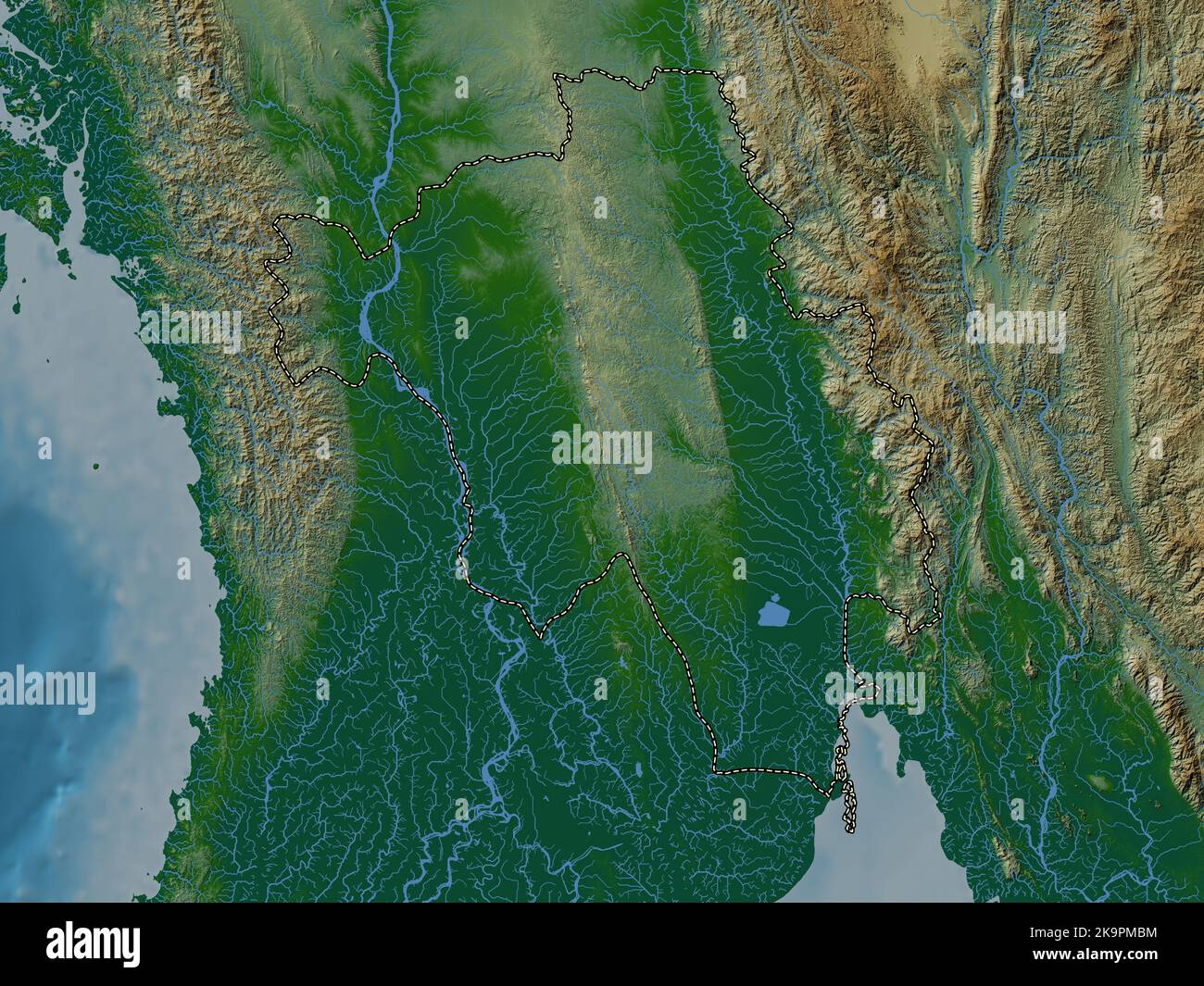 Bago, division of Myanmar. Colored elevation map with lakes and rivers ...