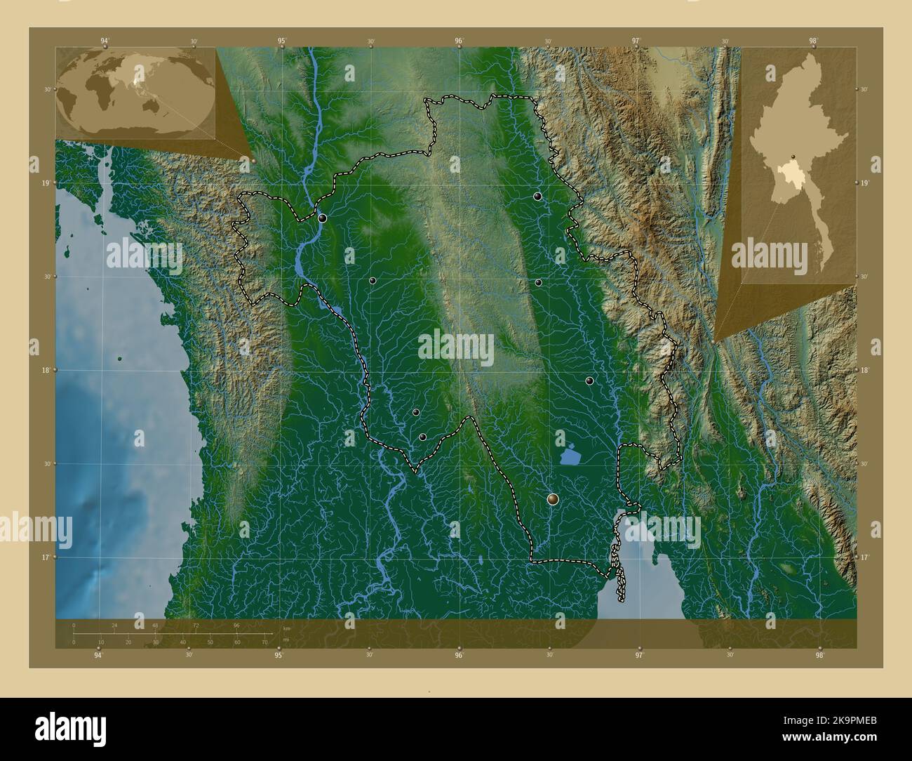 Bago, division of Myanmar. Colored elevation map with lakes and rivers ...