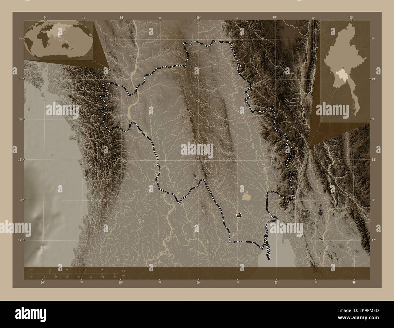 Bago, division of Myanmar. Elevation map colored in sepia tones with ...