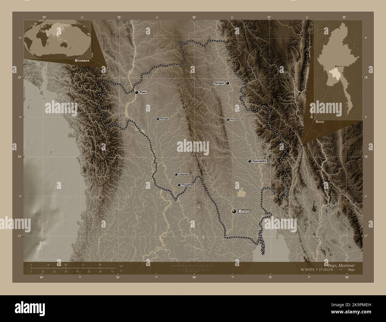Bago, division of Myanmar. Elevation map colored in sepia tones with ...