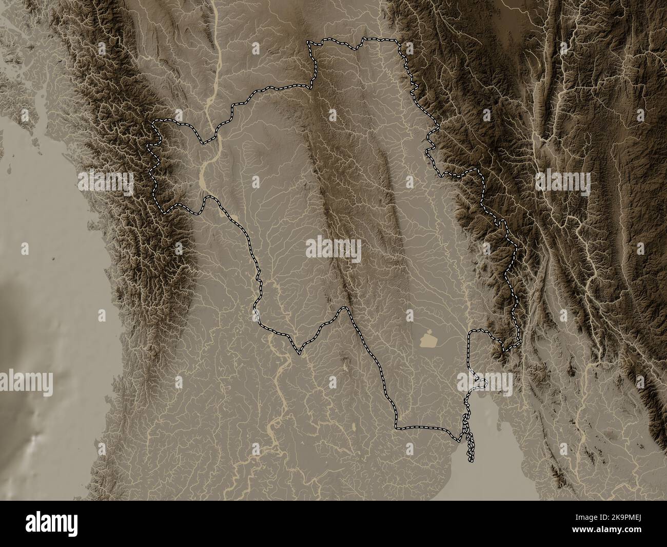 Bago, division of Myanmar. Elevation map colored in sepia tones with ...