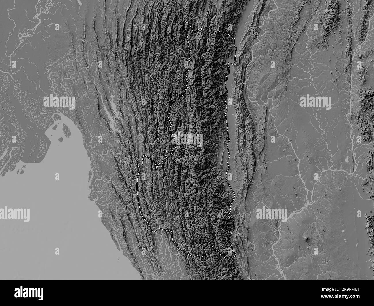 Chin, state of Myanmar. Bilevel elevation map with lakes and rivers ...