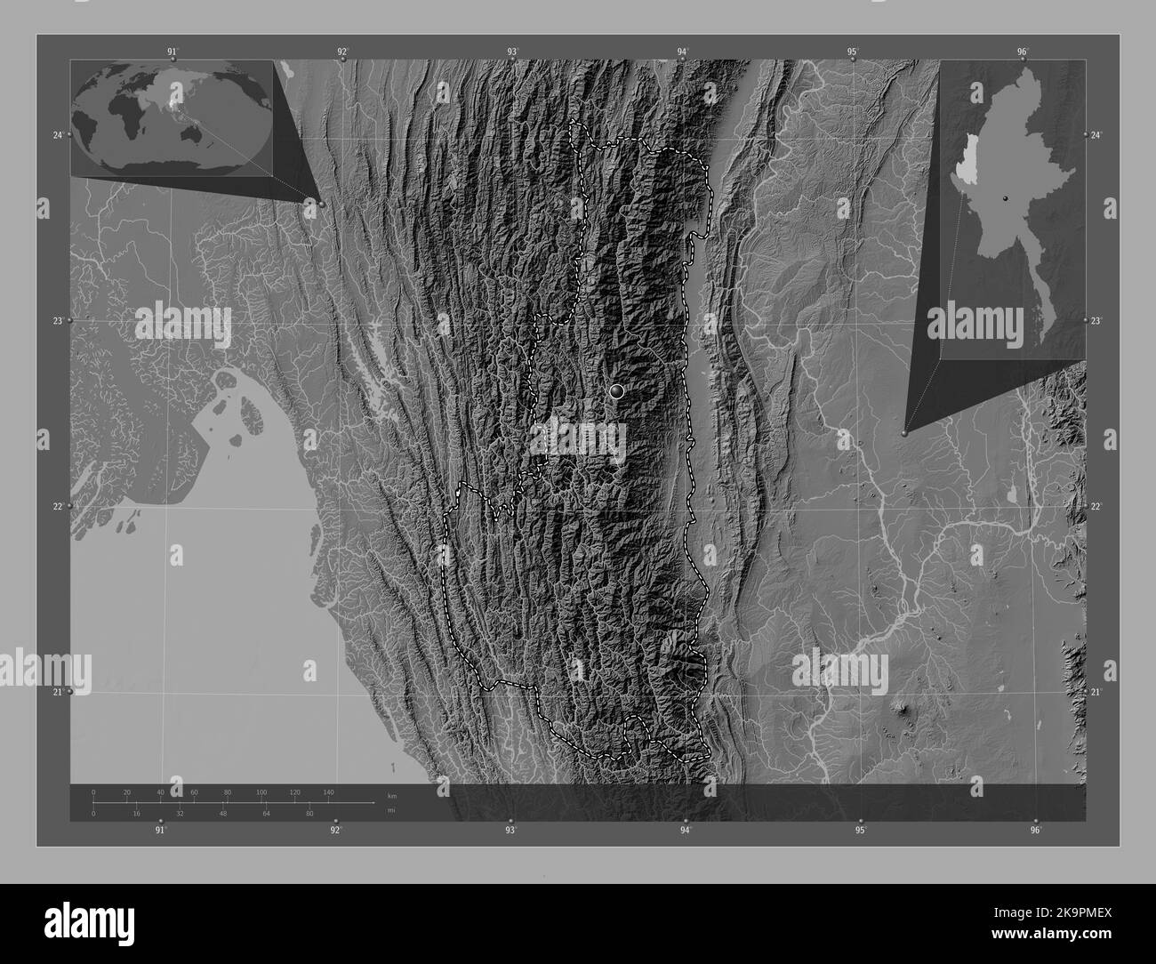 Chin, state of Myanmar. Bilevel elevation map with lakes and rivers ...