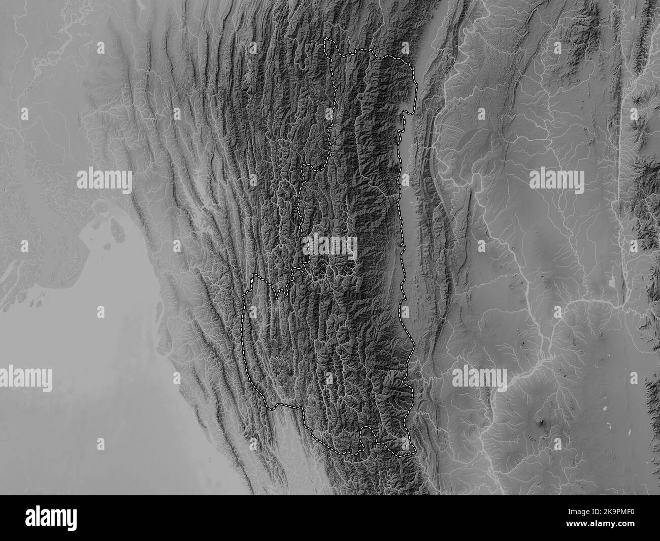 Chin, state of Myanmar. Grayscale elevation map with lakes and rivers ...