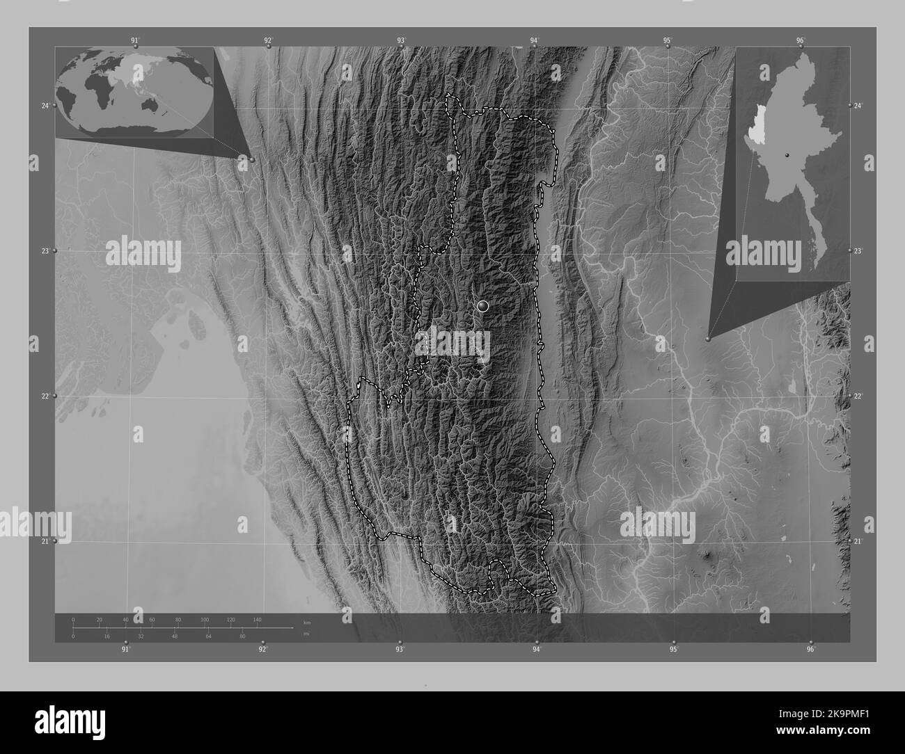 Chin, state of Myanmar. Grayscale elevation map with lakes and rivers ...