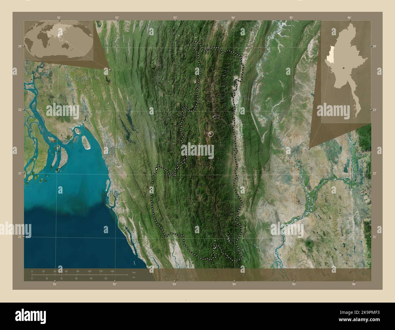 Chin, state of Myanmar. High resolution satellite map. Locations of major cities of the region ...