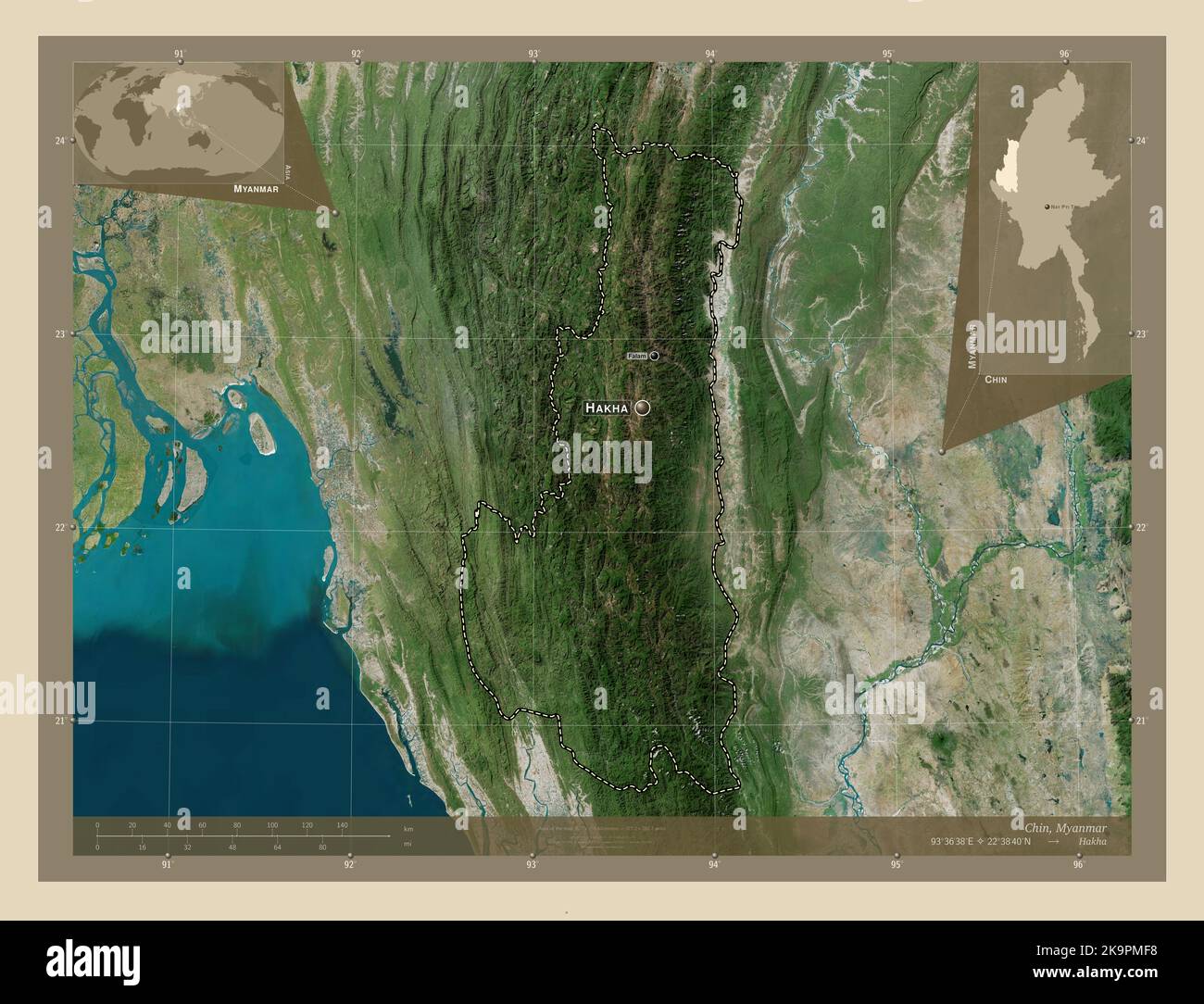 Chin, state of Myanmar. High resolution satellite map. Locations and ...