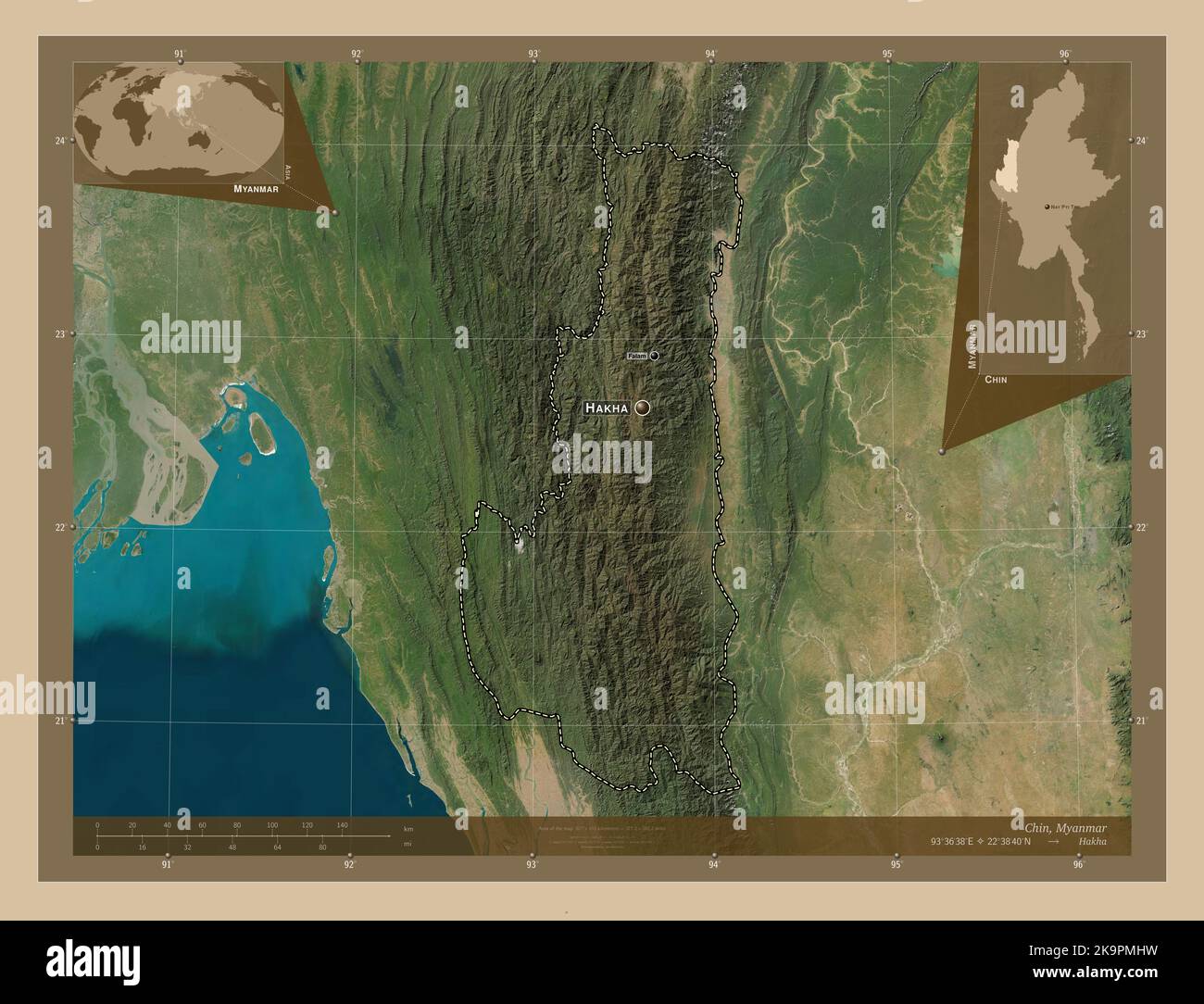 Chin, state of Myanmar. Low resolution satellite map. Locations and ...