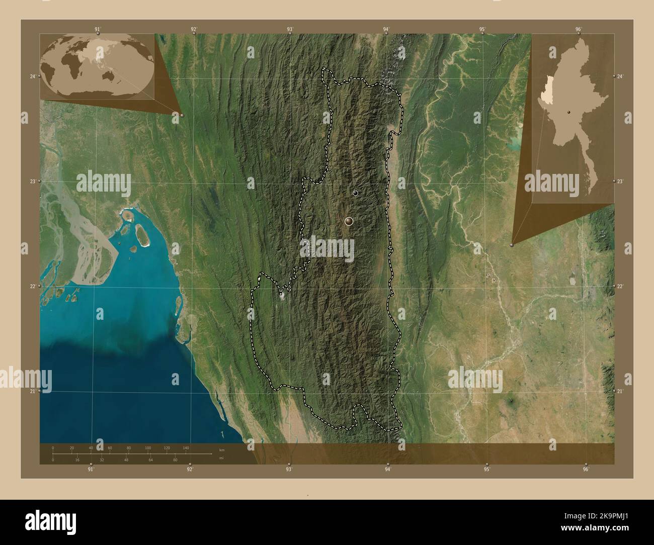 Chin, state of Myanmar. Low resolution satellite map. Locations of ...