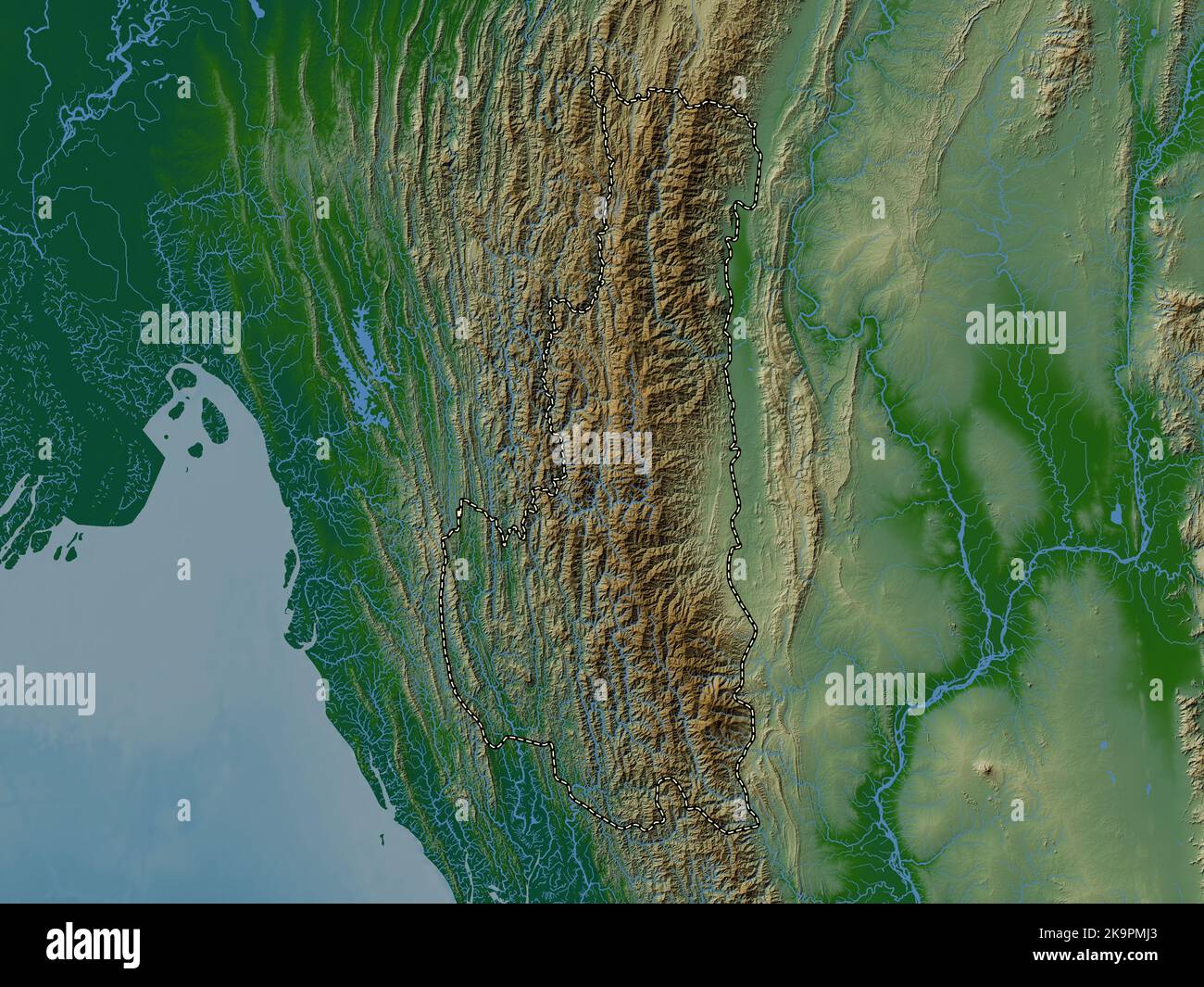 Chin, state of Myanmar. Colored elevation map with lakes and rivers ...