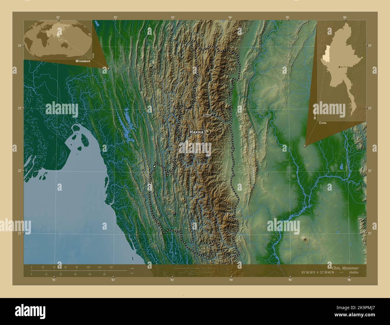 Chin, state of Myanmar. Colored elevation map with lakes and rivers ...