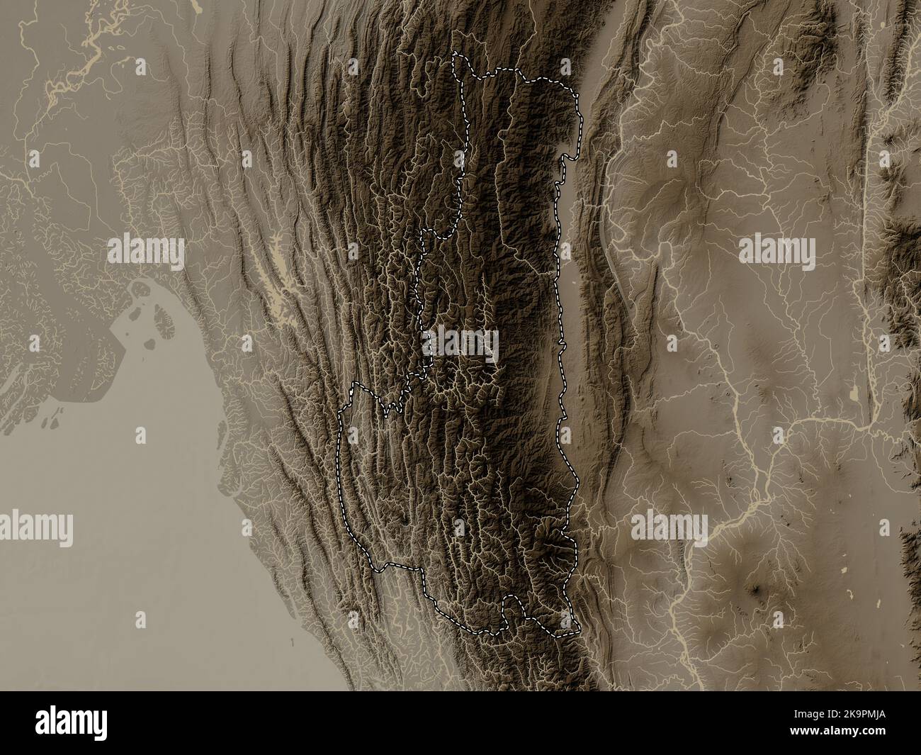 Chin, state of Myanmar. Elevation map colored in sepia tones with lakes ...