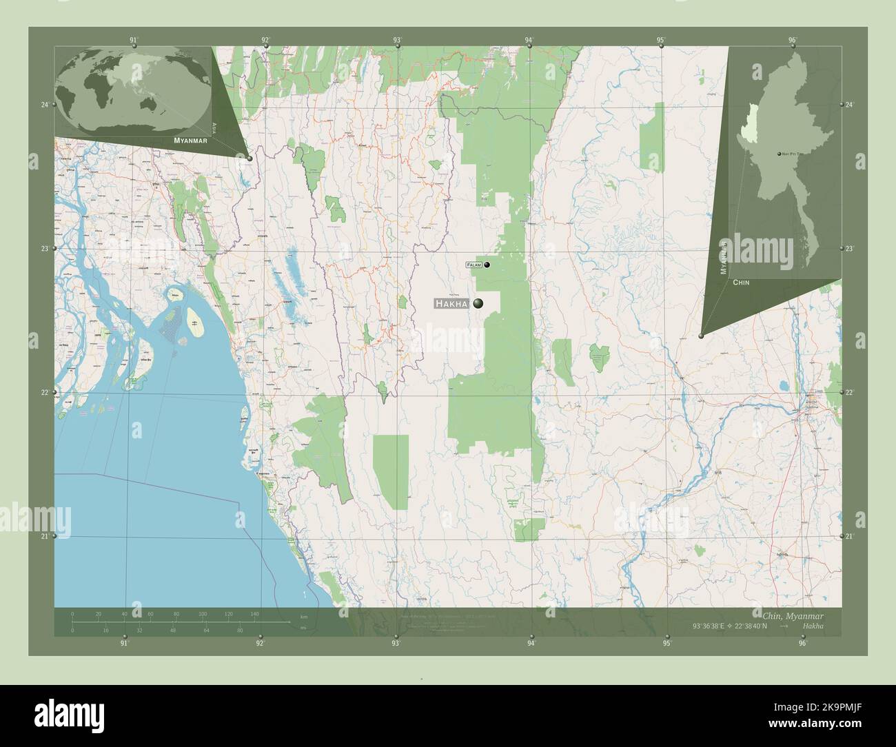 Chin, state of Myanmar. Open Street Map. Locations and names of major ...
