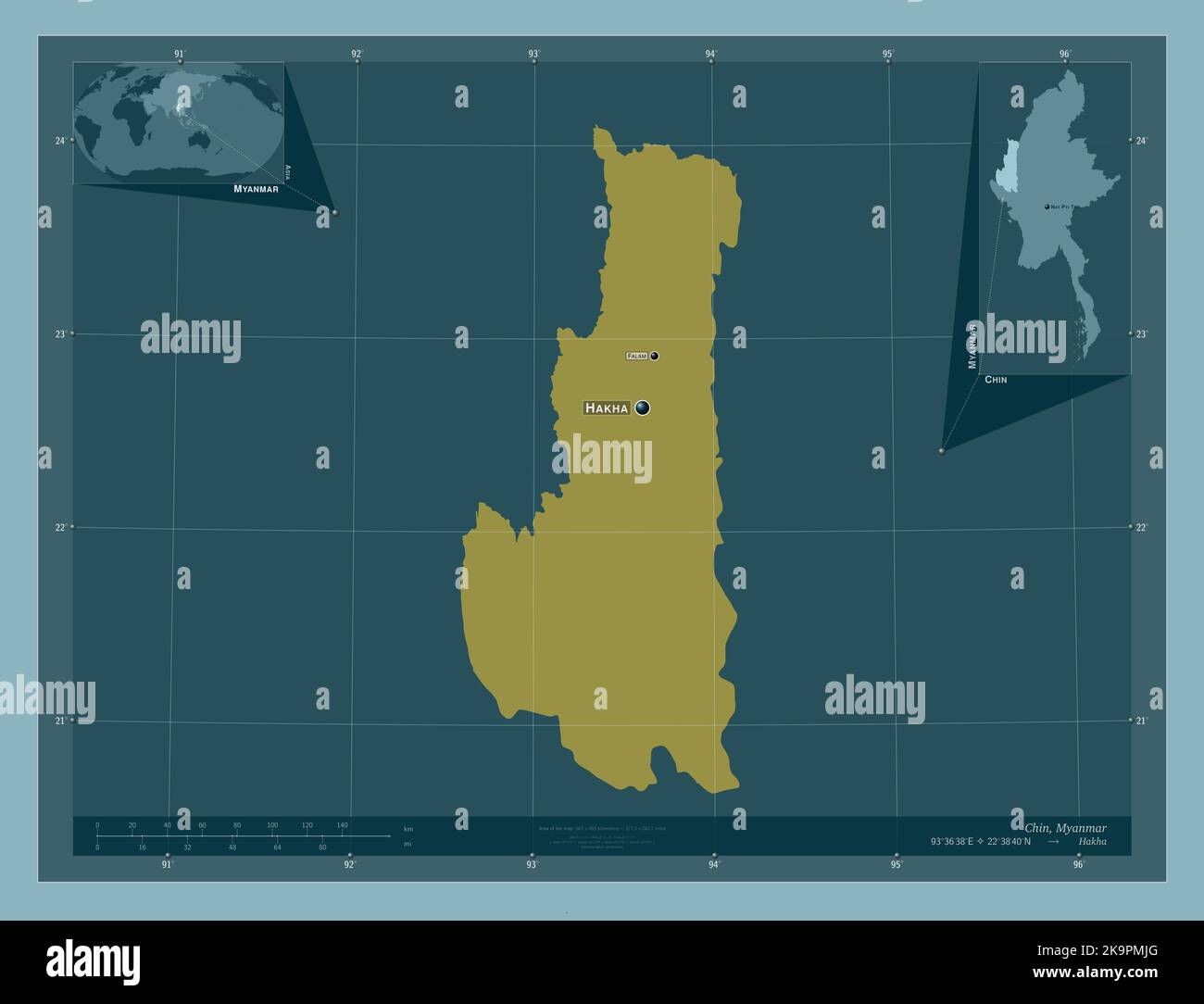 Chin, state of Myanmar. Solid color shape. Locations and names of major ...