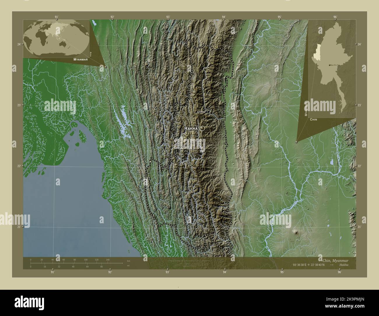 Chin, state of Myanmar. Elevation map colored in wiki style with lakes ...
