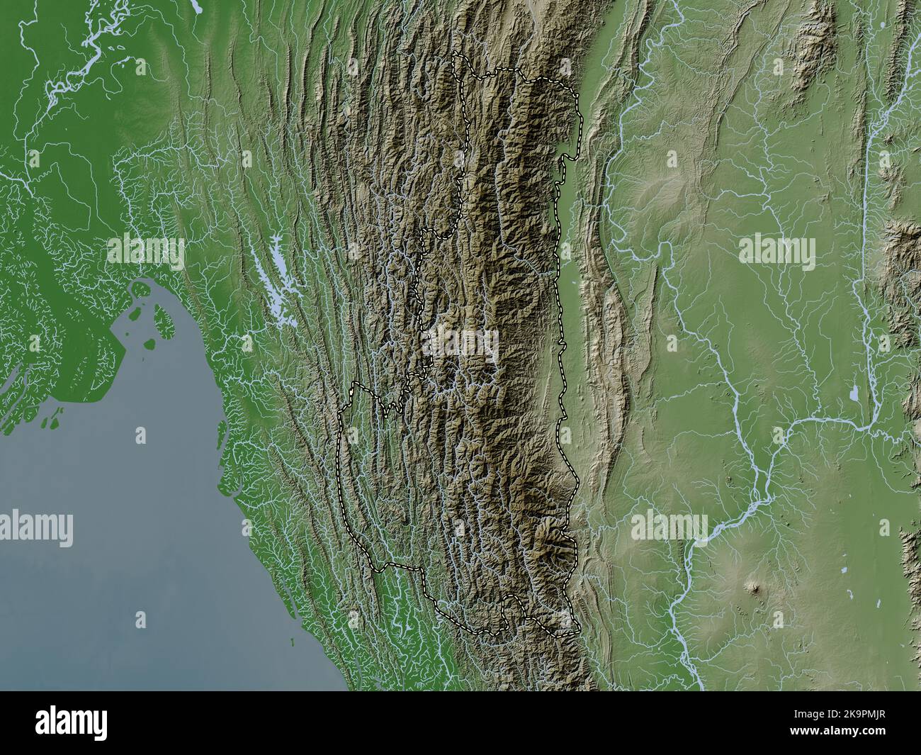 Chin, state of Myanmar. Elevation map colored in wiki style with lakes ...