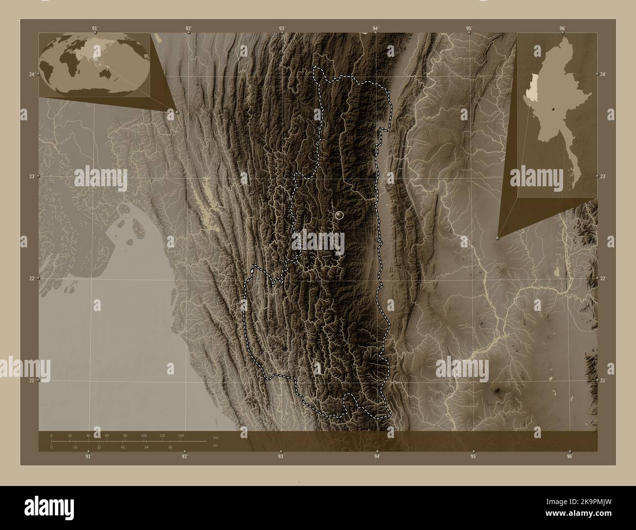 Chin, state of Myanmar. Elevation map colored in sepia tones with lakes ...