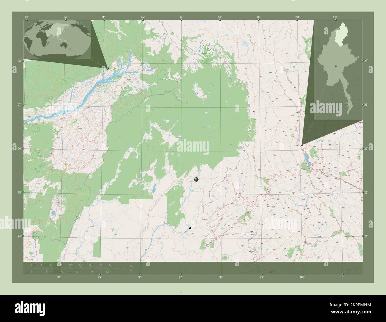 Kachin, state of Myanmar. Open Street Map. Locations of major cities of ...